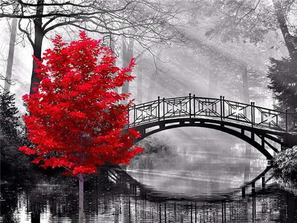 Red Tree with Black and White Bridge – Paint by Diamonds